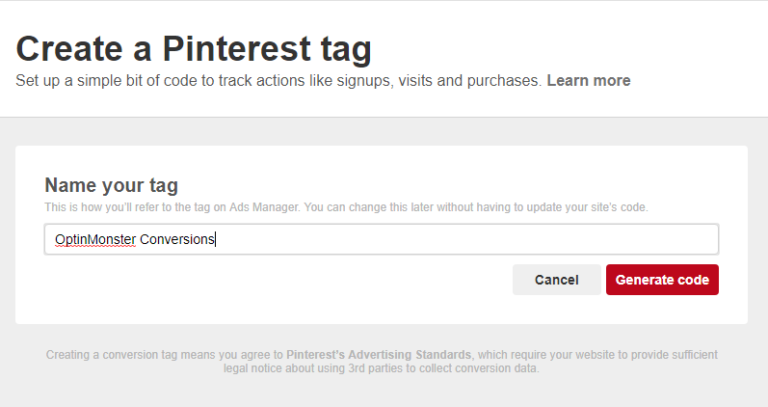 Add Pinterest Conversion Tag - OptinMonster