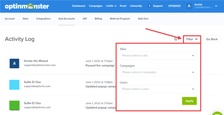 How to View the Activity Log for Your Account - OptinMonster