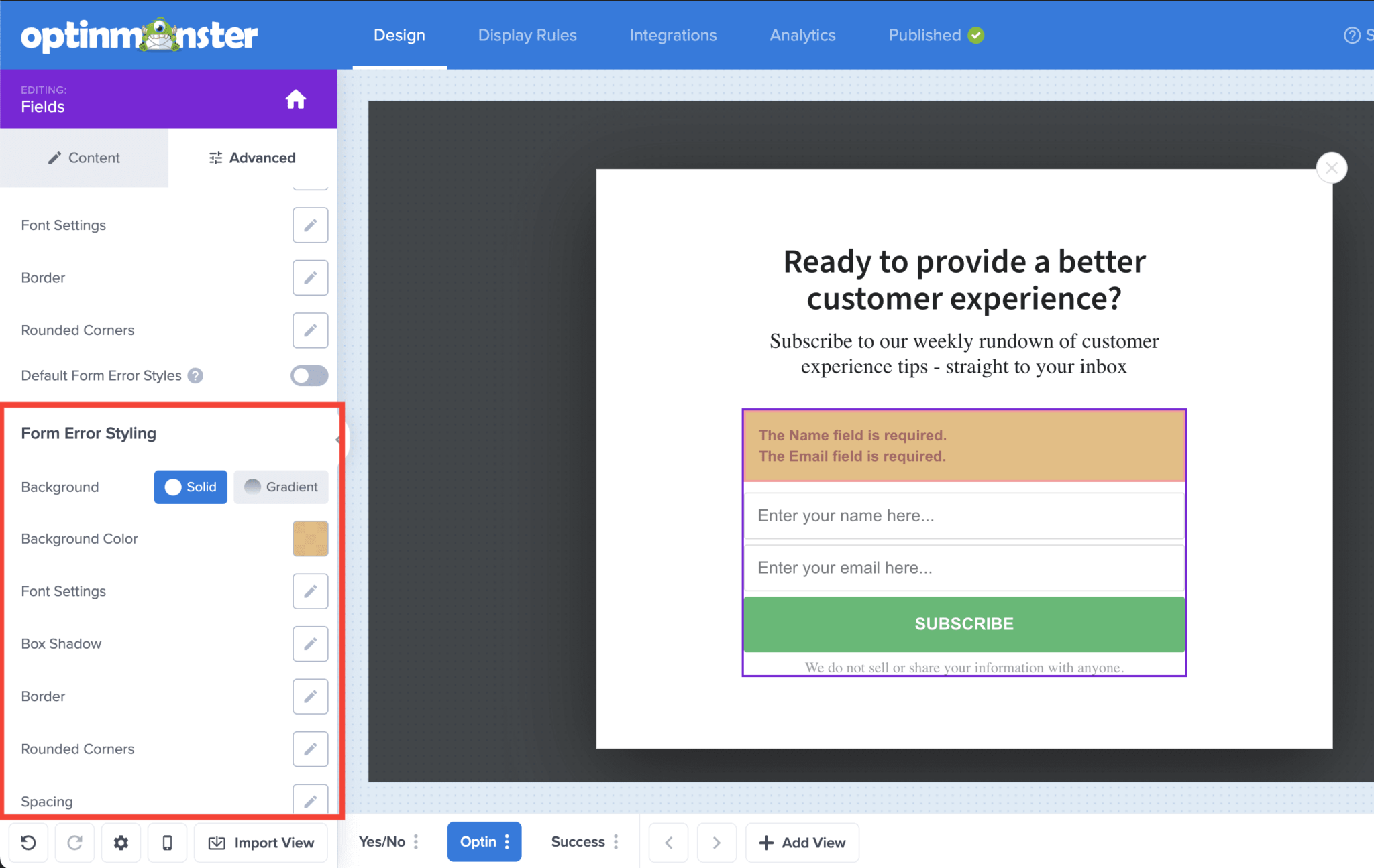 How to Style the Campaign Error Messages - OptinMonster